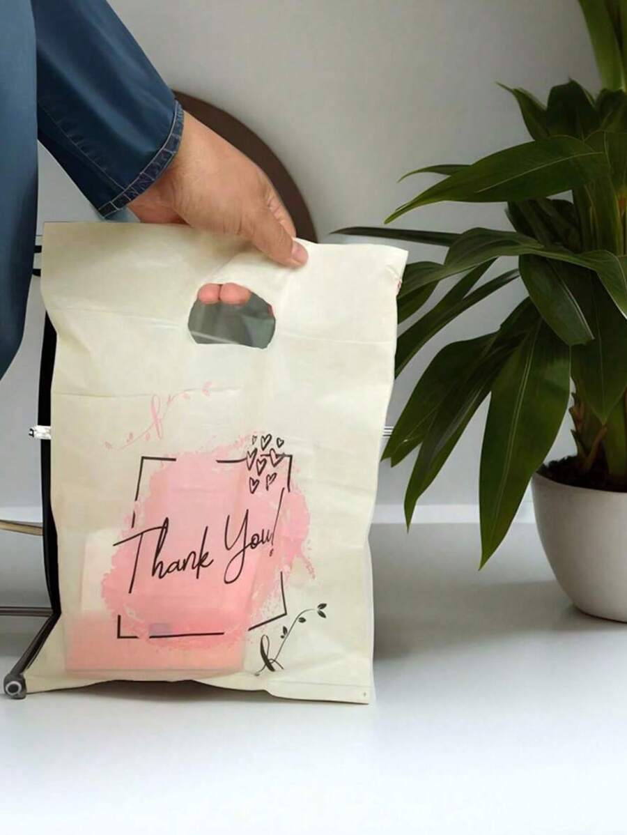 50pcs Thank You Plastic Gift Bags, Beige Color, Plastic Shopping Bags ...