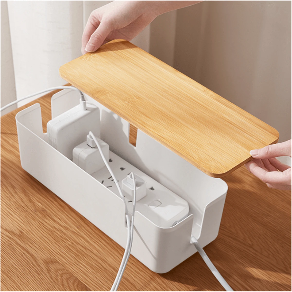 1 Individually Packed Cable Management Box With Bamboo Cover, White ...