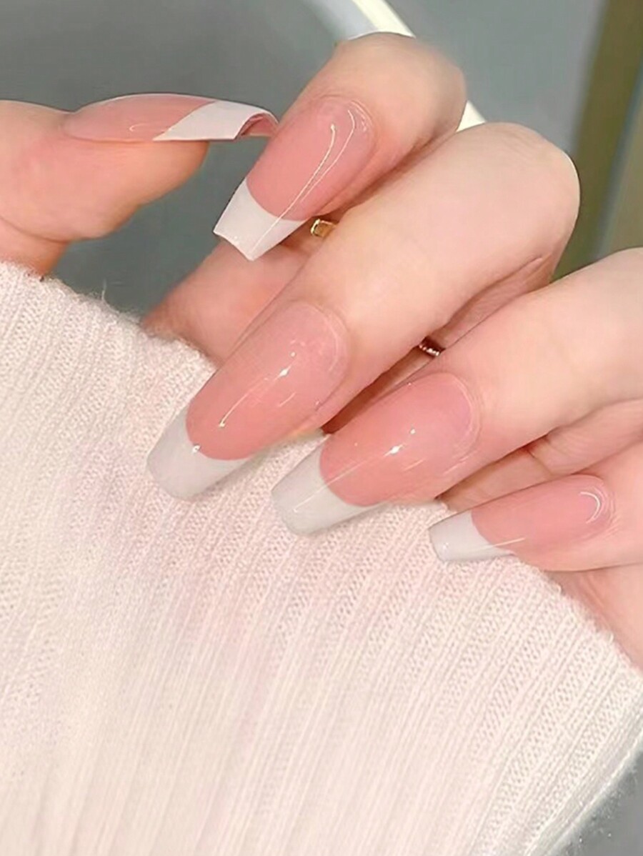 24pcs French Glossy Medium-Length Coffin Shape False Nails Set, White ...