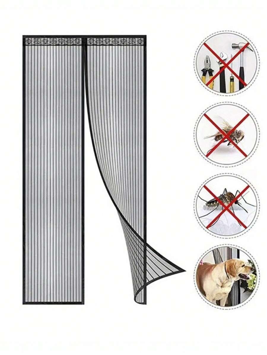 1pc Black Stripe Magnetic Insect Screen Door Curtain With 6 Sets Of ...