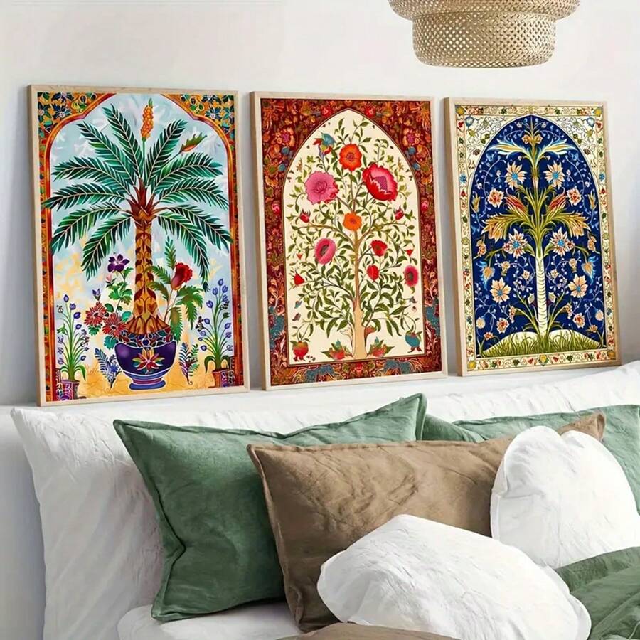 3-Piece Set Of Frameless Islamic Floral Canvas Art, Traditional Pattern ...