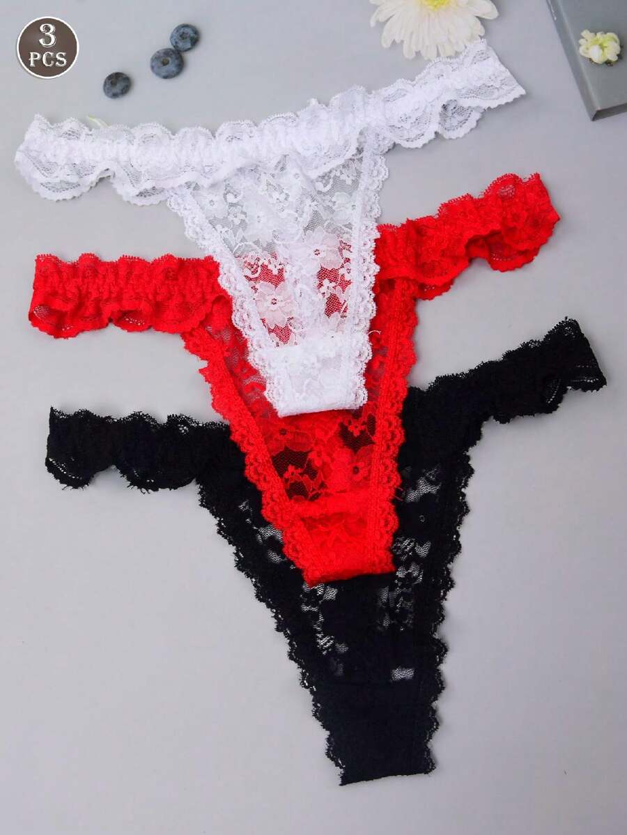 3 piezas Ropa interior sexy para mujeres Tanga de encaje Lencería ...