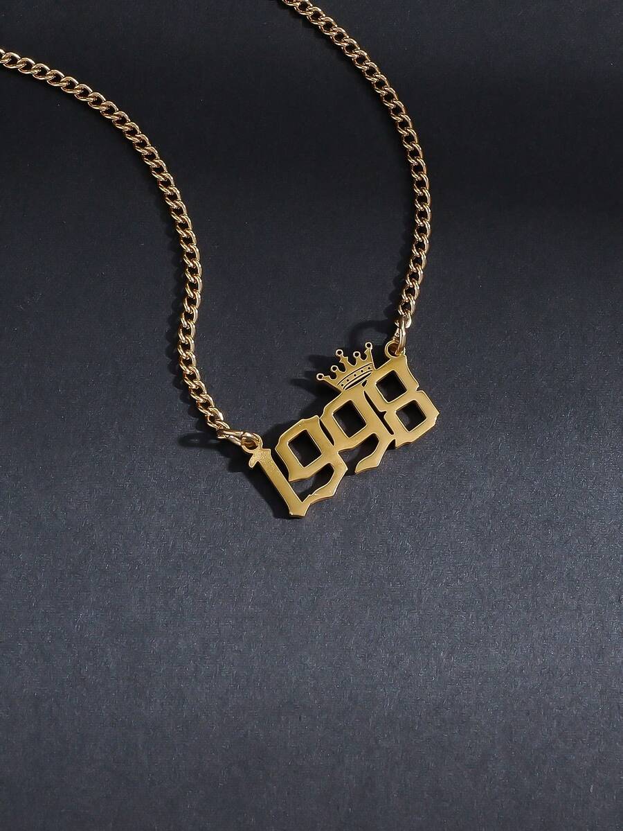 2024 New Fashion First Year Number Necklace Stainless Steel Crown Birth ...