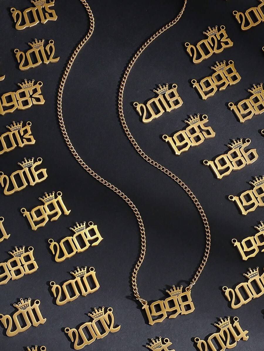 2024 New Fashion First Year Number Necklace Stainless Steel Crown Birth ...