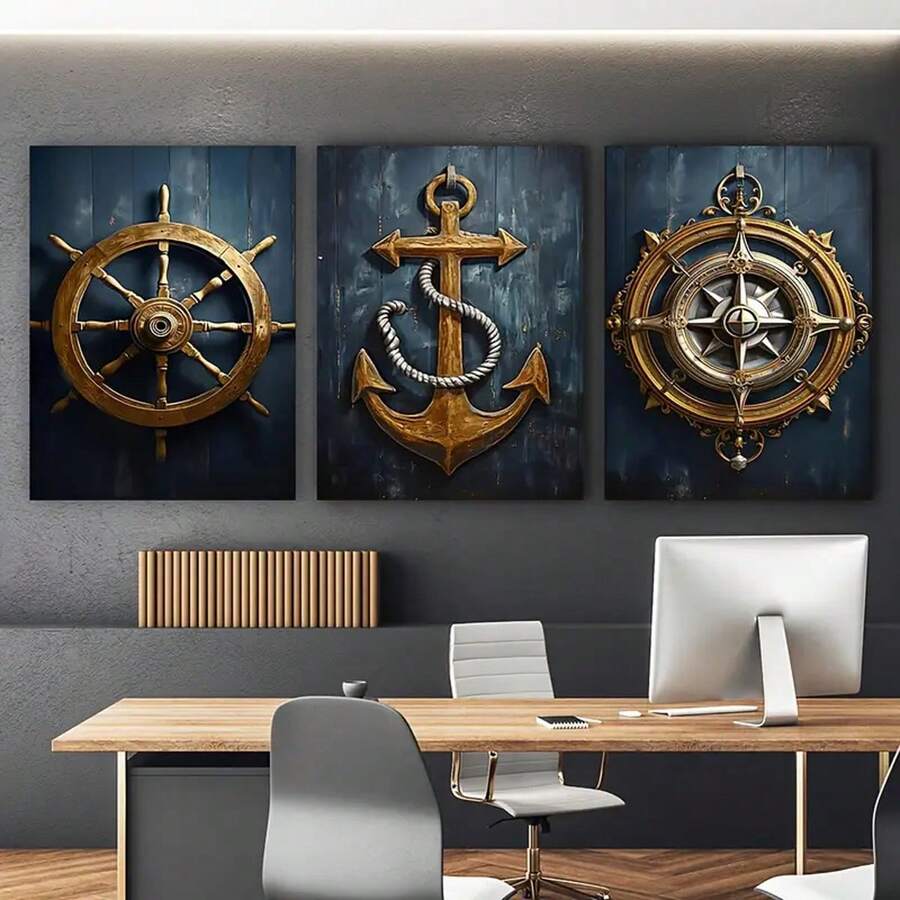 Coastal Nautical Wall Art Canvas Prints Set Of 3, Ship Wheel, Anchor ...
