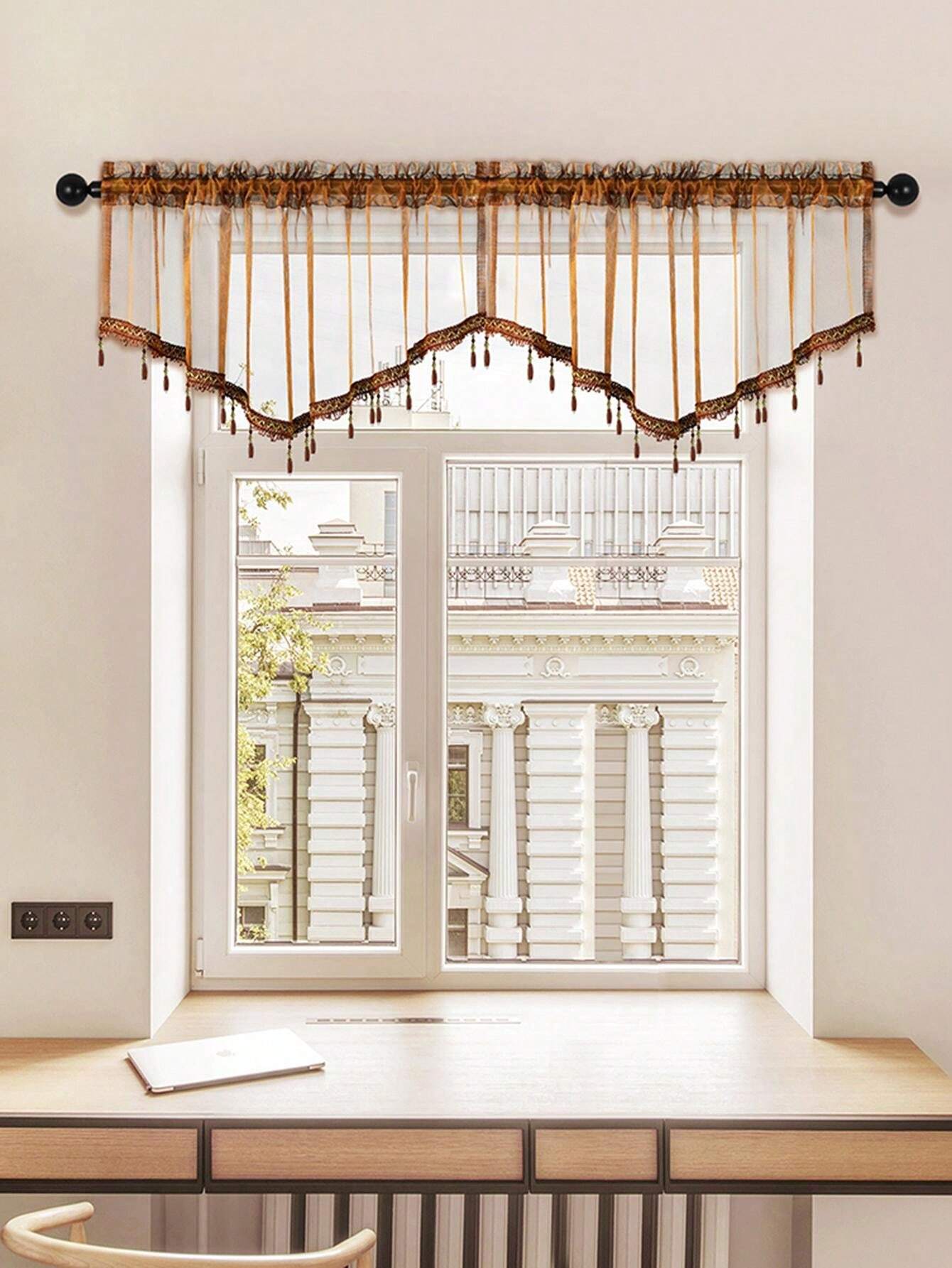 1pc Chocolate Brown V-Shaped Window Curtain, Simple Style Polyester ...