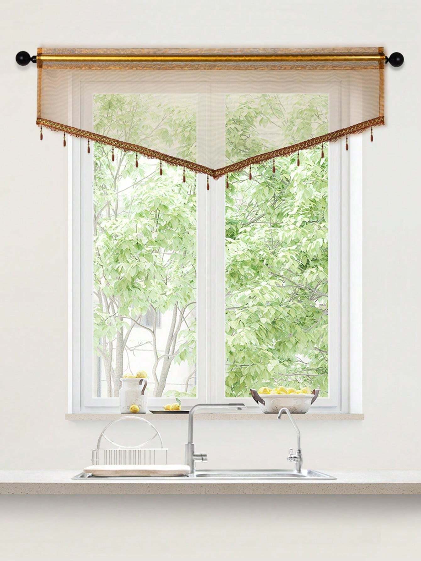 1pc Chocolate Brown V-Shaped Window Curtain, Simple Style Polyester ...