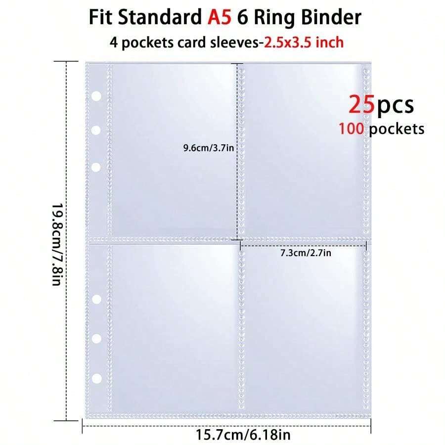 25 Packs 100 Pockets 6 Ring A5 Binder Sleeves,2.5x3.5" Photocard ...