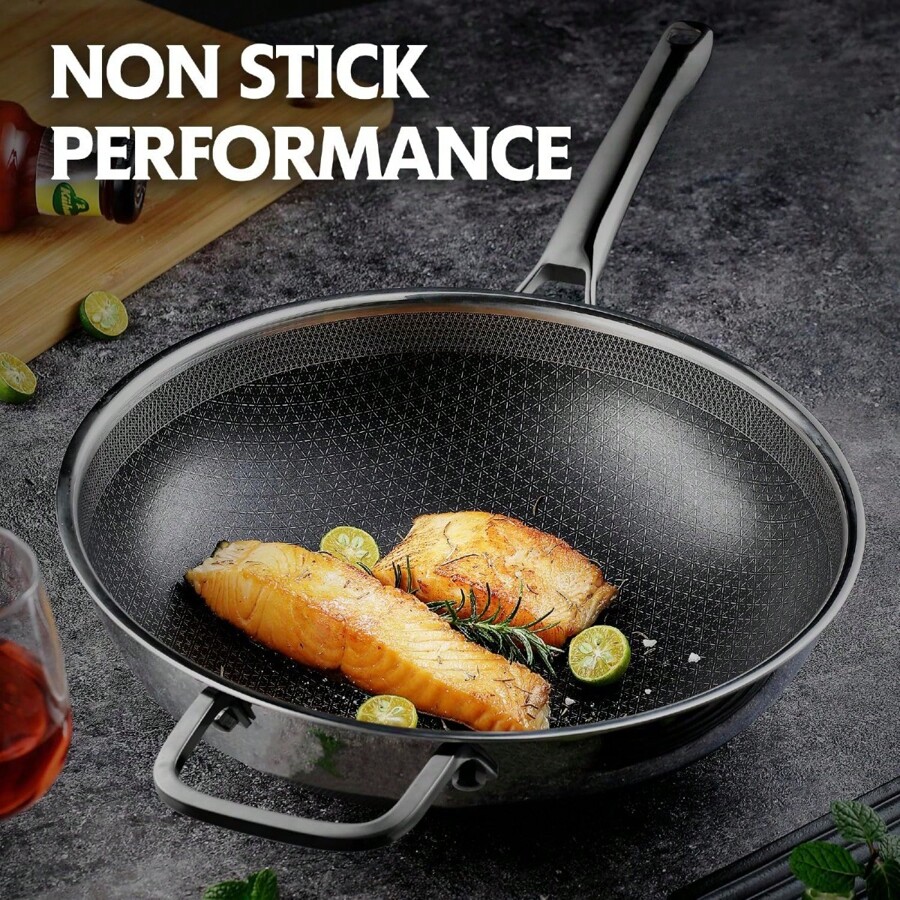 Wok Pan, 12 Inch Wok With Lid, PFOA Cookware,Non Stick Stainless Steel ...