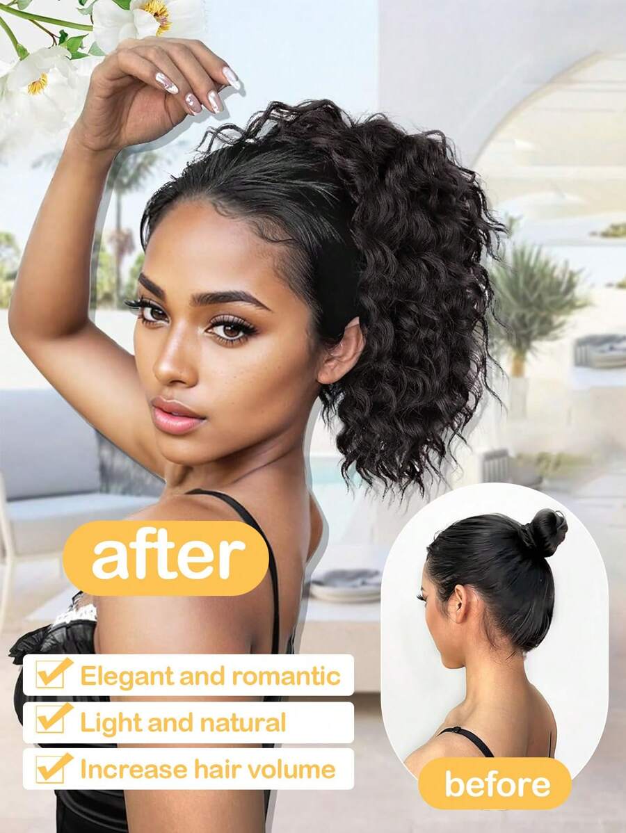 8Inch Wavy Curly Ponytail Extension, Dark Brown Drawstring Ponytail For ...