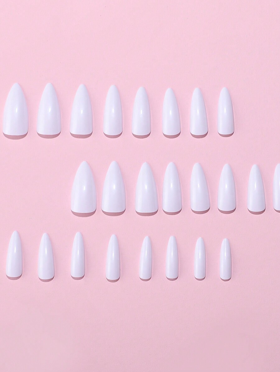 24-Piece Set Of Pure White Full-Coverage Push-On Nails, Long Pointed ...