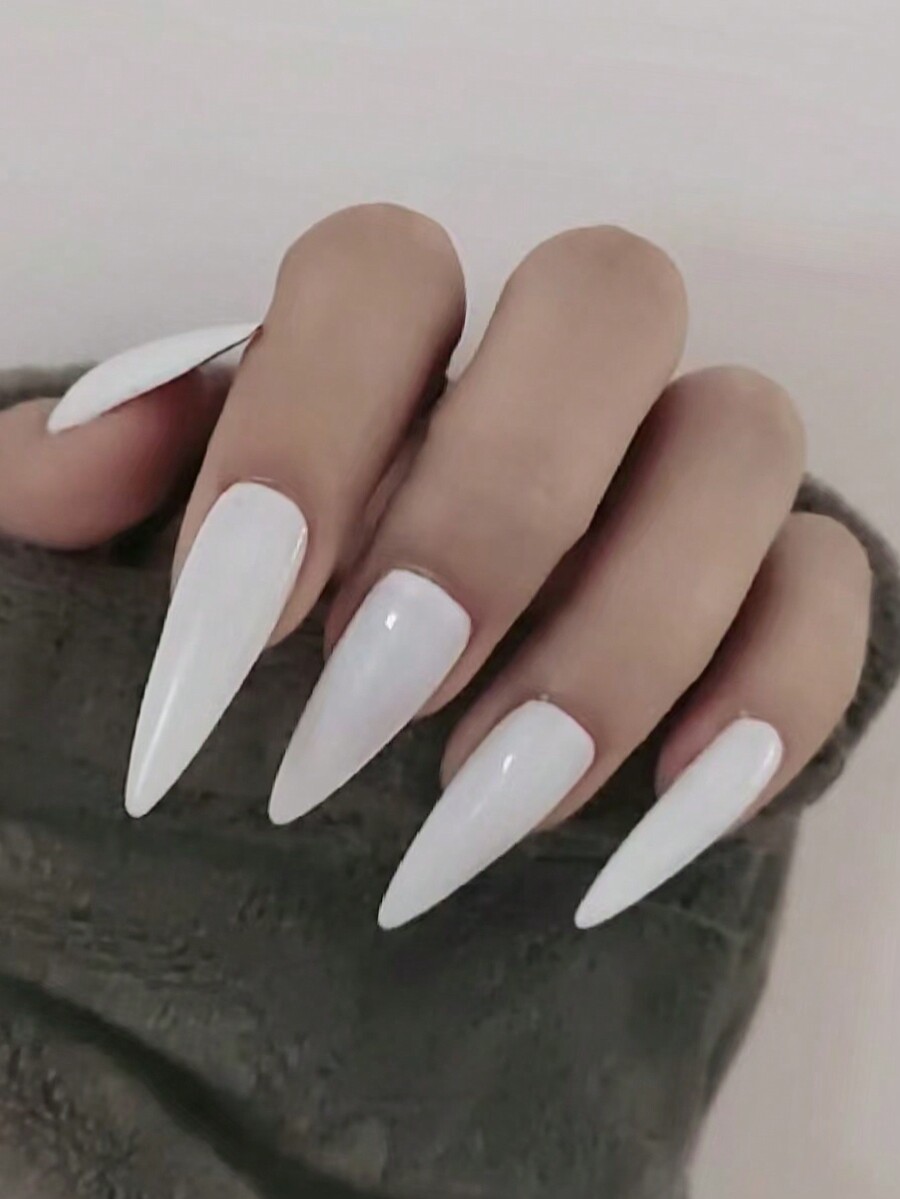 24-Piece Set Of Pure White Full-Coverage Push-On Nails, Long Pointed ...