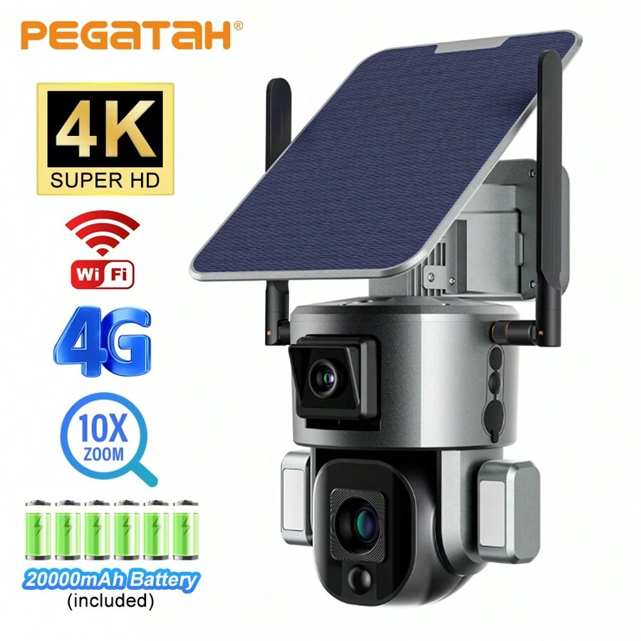 Câmera Solar Sem Fio 4G de 8MP 4K WiFi Lente Dupla 10X Painel Solar ...