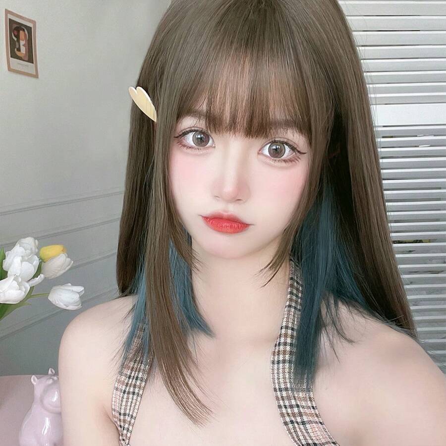 NICKY WALL Cool Brown Wig Highlight Blue Medium Length Straight Wig ...