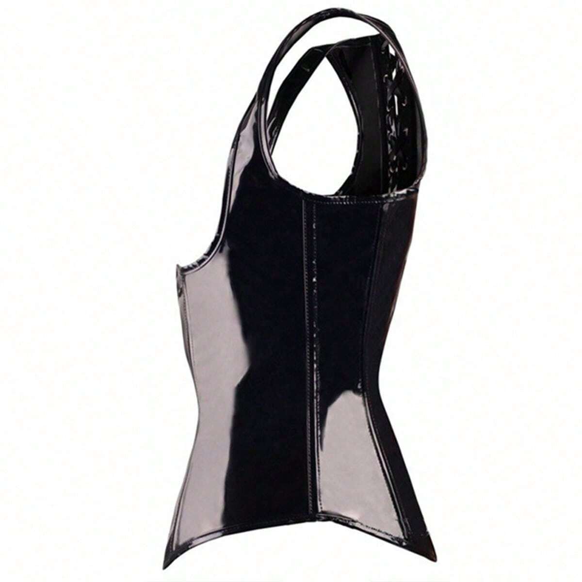1pc Black Patent Leather Corset Top With Front Steel Buckle And Back ...