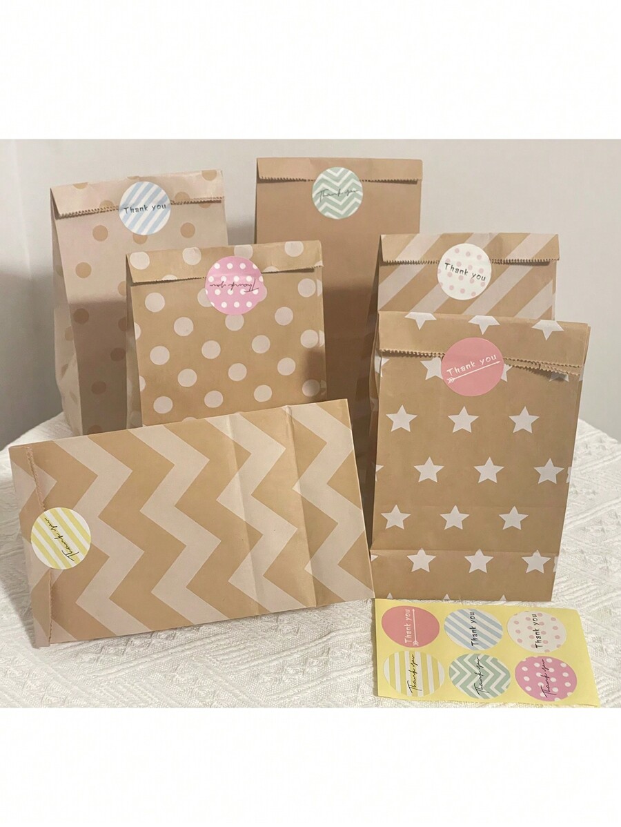 6pcs Mixed Design Kraft Paper Bag With Flat Bottom And 6pcs Stickers ...