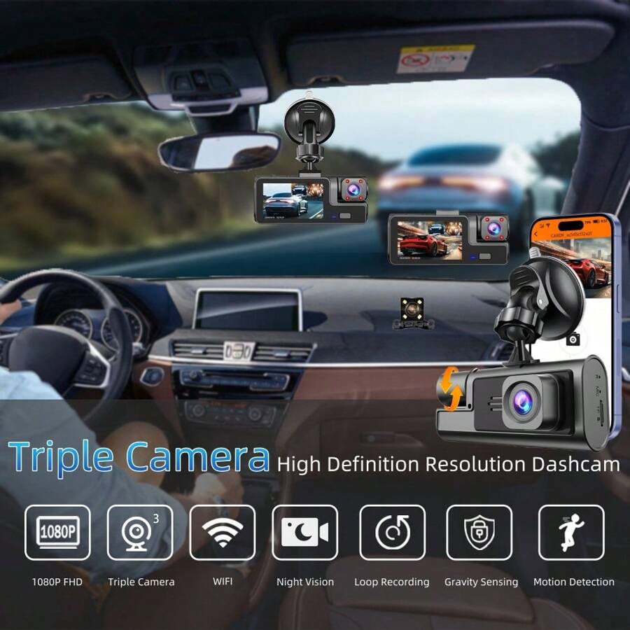 Three Camera Dashcam, Triple Camera Simultaneous Display Car Camera ...