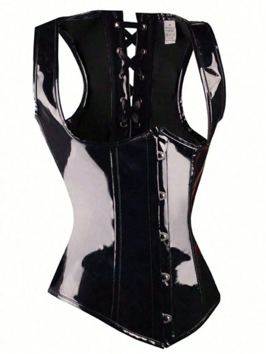1pc Black Patent Leather Corset Top With Front Steel Buckle And Back ...