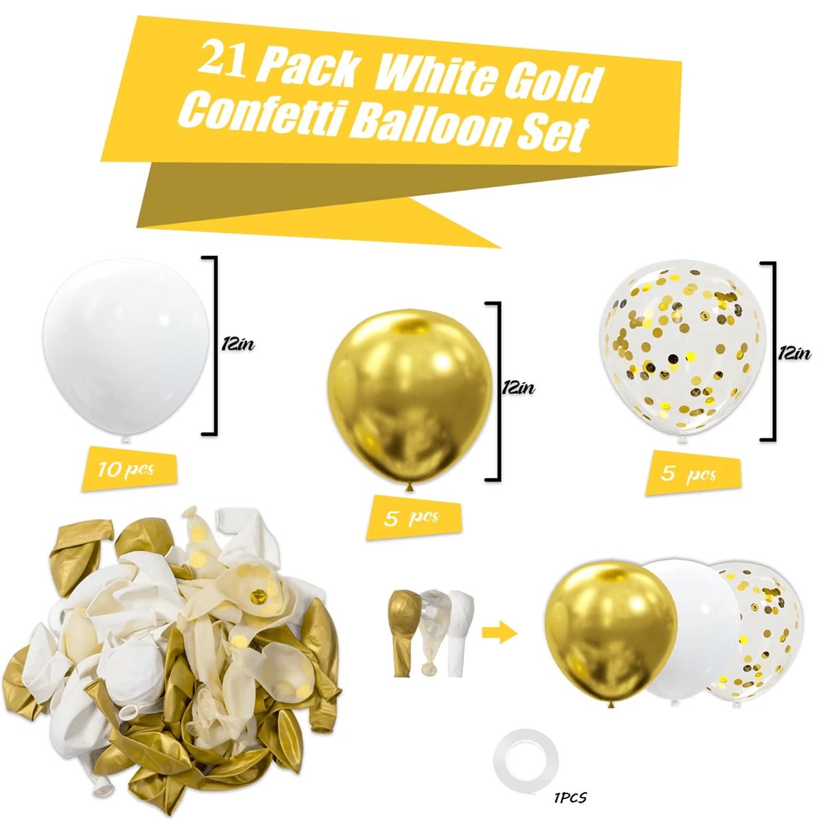 21Pcs /52Pcs 12 Inch Balloons Set Gold White Black Latex Confetti ...