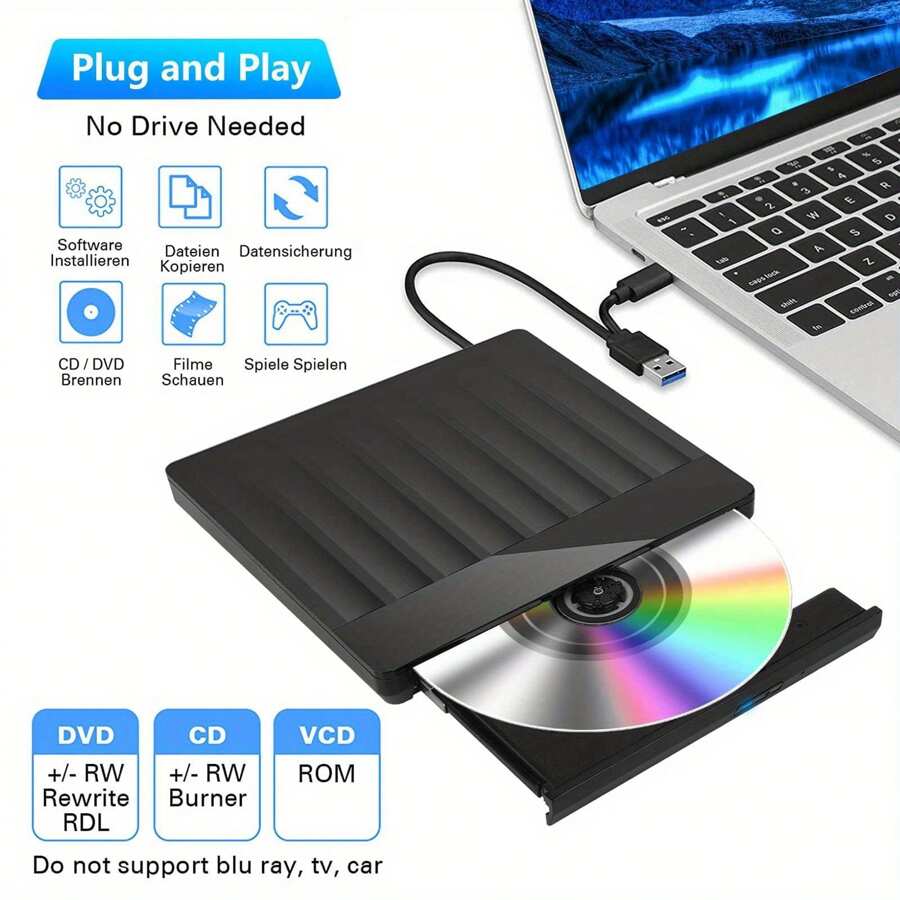 External CD DVD Drive Burner USB 3.0 Type-C Portable CD/DVD ROM +/-RW ...