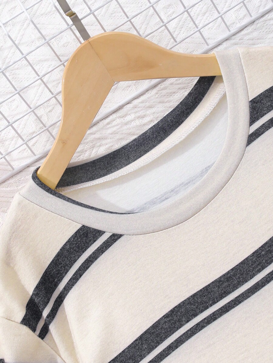 Summer Round Neck Short Sleeve Striped Casual T Shirt Dress For Big