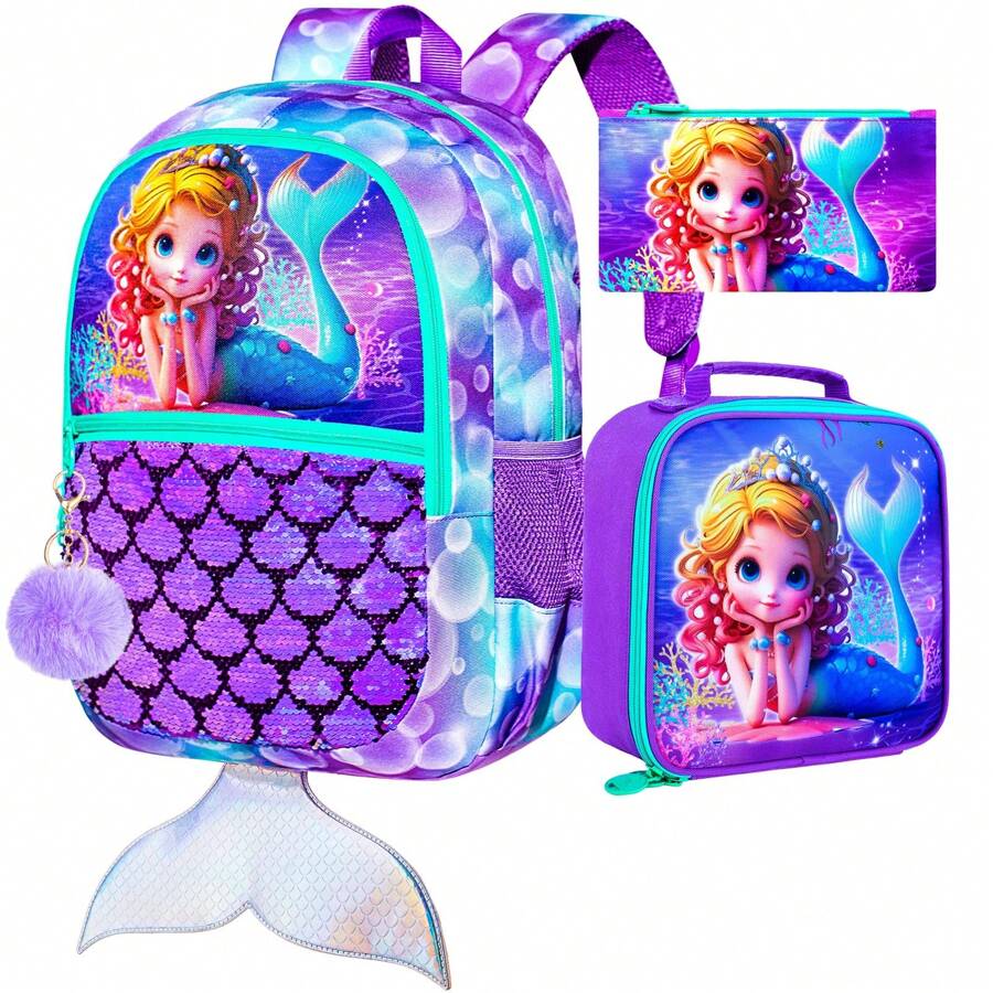 3Pcs Mermaid Backpack For Girls, 17" Sequins Kids Bookbag With Lunch ...
