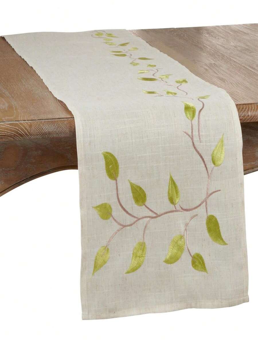 SARO 16 X 72 In. Oblong Table Runner With Natural Embroidered Vine ...