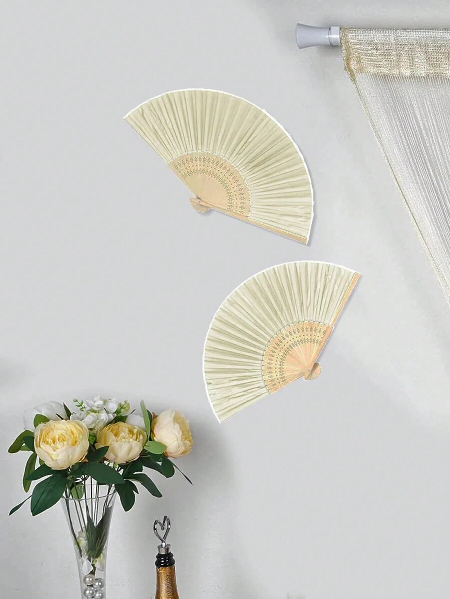 2Pcs Plain Beige Silk Fan Cover With Bamboo Fan Skeleton, 21cm Fan ...