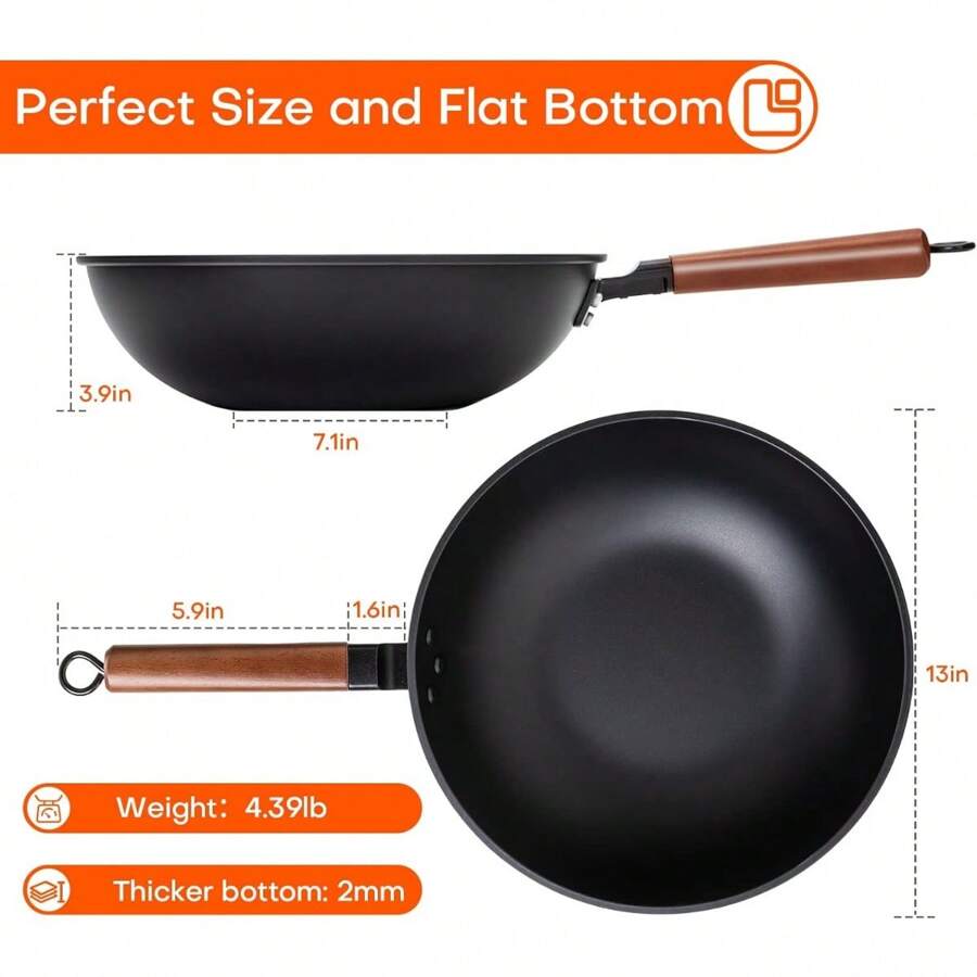 Carbon Steel Wok, 13 Inch Wok Pan With Lid And Spatula, Nonstick Woks ...