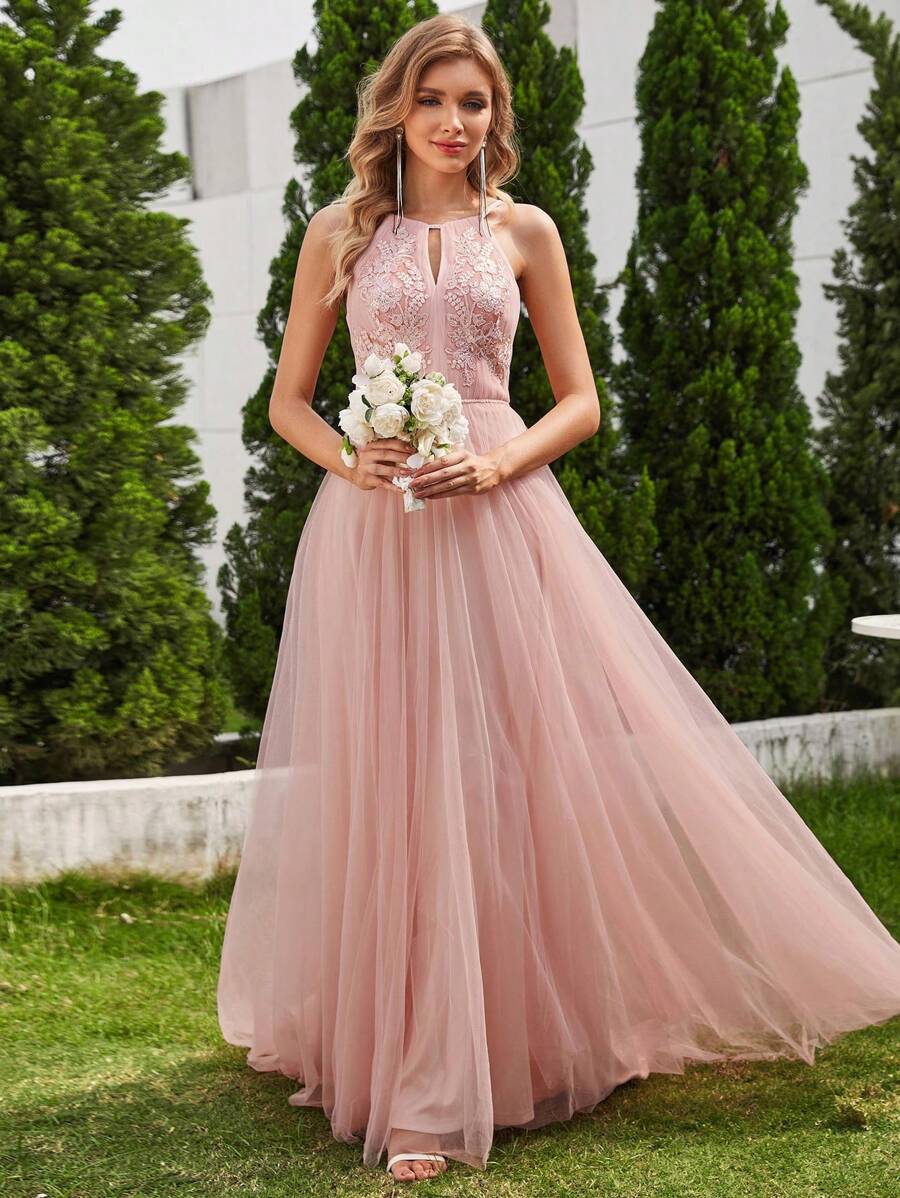 EVER-PRETTY Cold Shoulder Mesh Appliques Wedding Dress, Bride | SHEIN USA