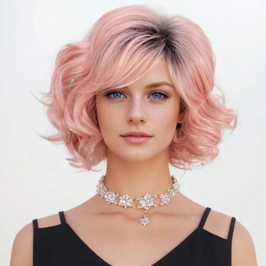 Pink Synthetic Wigs Short Wavy Curly For Women And Girls Party High ...