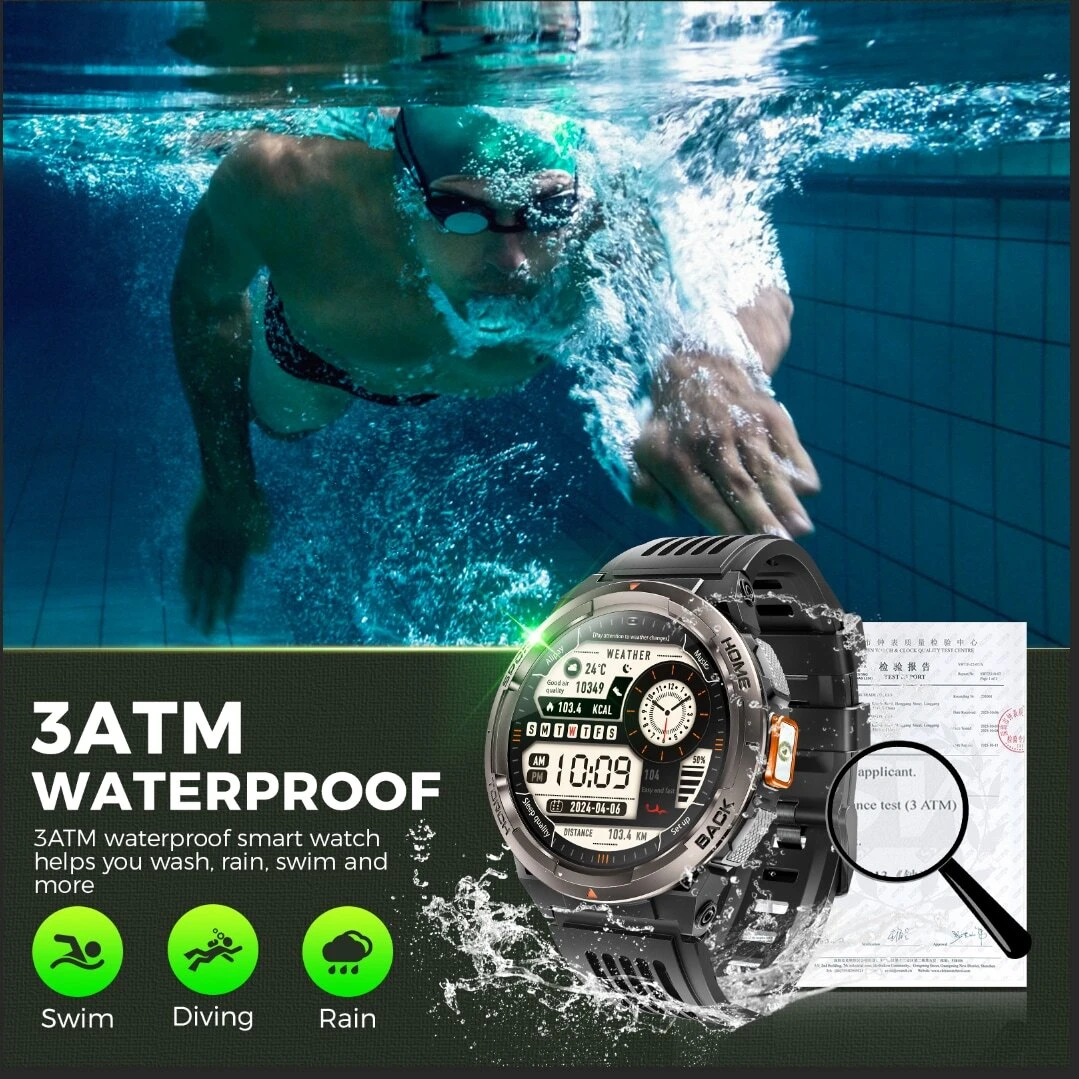 XAXRE 3ATM Waterproof Smart Watch For Men With LED Flashlight 1.45'' HD ...