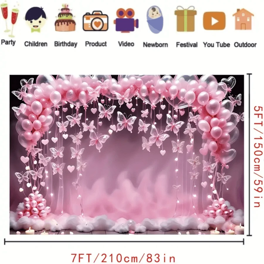 Pink Butterfly & Balloon Birthday Party Backdrop With Heart-Shaped ...