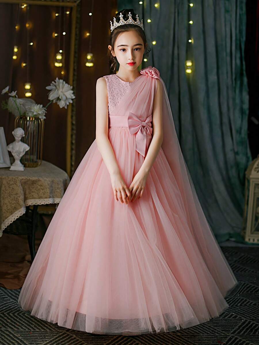 Tween Girl Bow Decor Tulle Princess Dress, Birthday Party Wedding ...