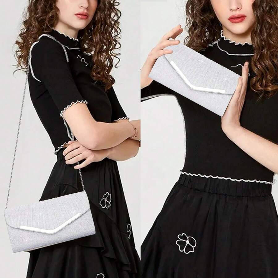 Women's Evening Handbags, Silver Glitter Pleated Evening Purses W/Chain ...