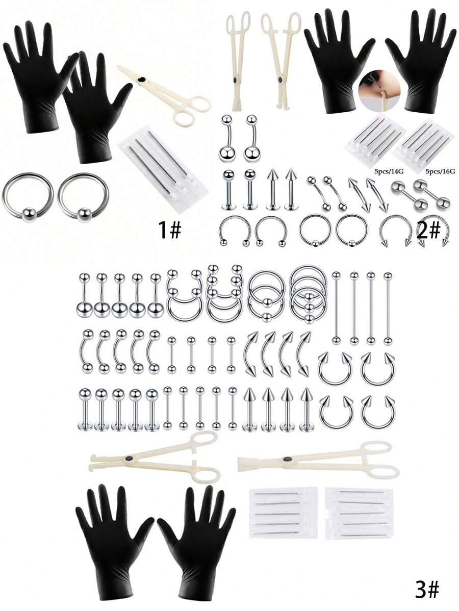 8/32/64 Pcs Disposable Body Piercing Tool Kit With 16g Stainless Steel ...