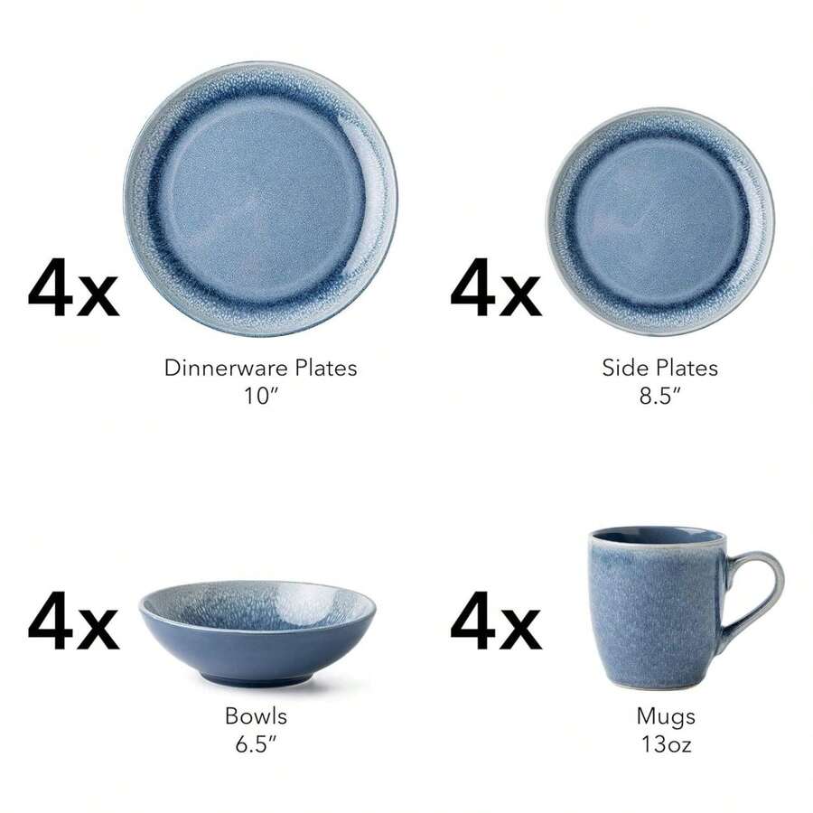 Round Stoneware 16pc Dinnerware Set For 4, Dinner Plates, Side Plates ...