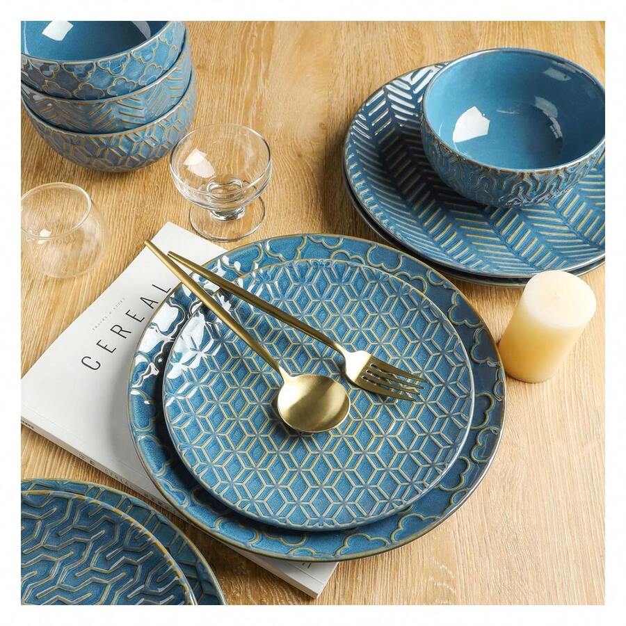 Dinnerware Sets 16-Piece, Ceramic Plates And Bowls Set, Kitchen Dishes ...