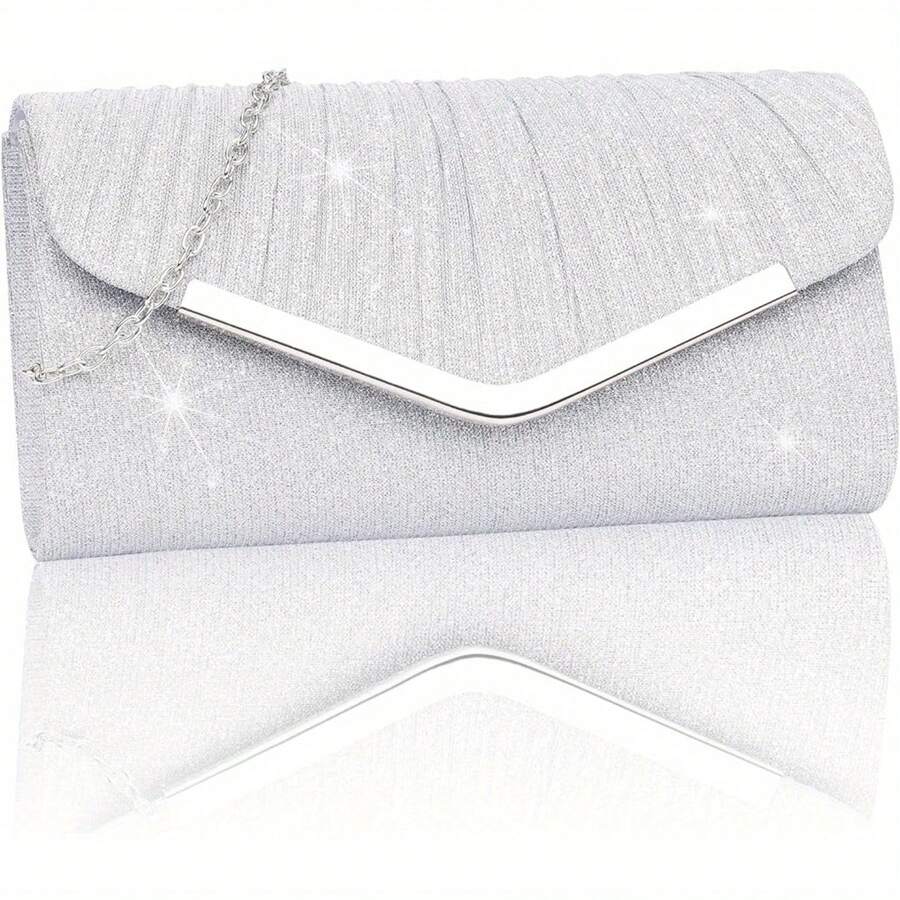 Women's Evening Handbags, Silver Glitter Pleated Evening Purses W/Chain ...