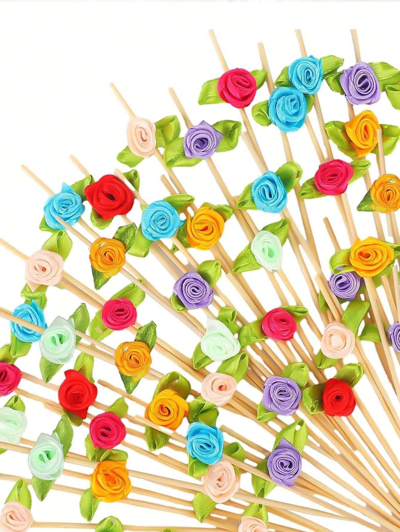 100pcs 4.7 Inch Rose Flower Style Bamboo Cocktail Toothpicks, Ideal For ...