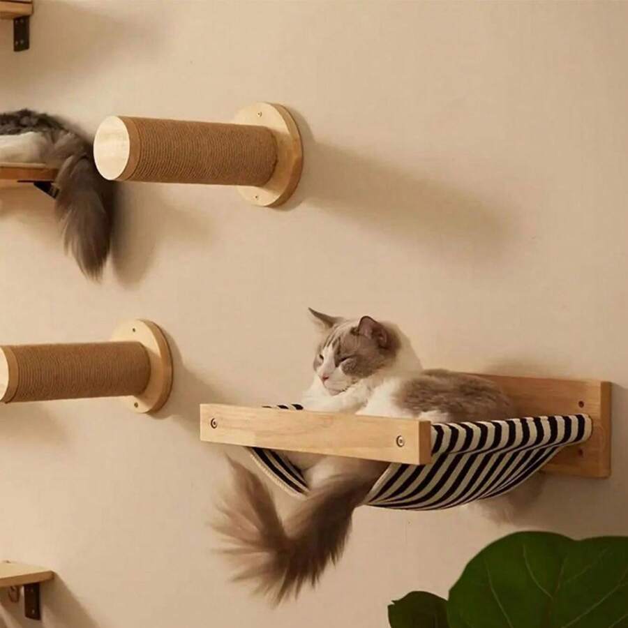 1pc Wall Mounted Cat Hammock Stairs, Solid Wood Cat Climbing Frame ...