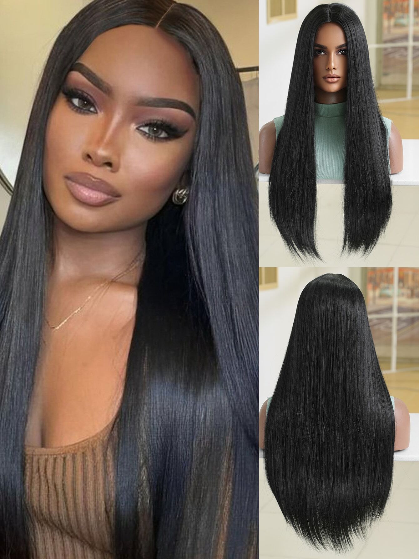 Black Middle Split Long Straight Wig Full Mechanism Synthetic Heat ...