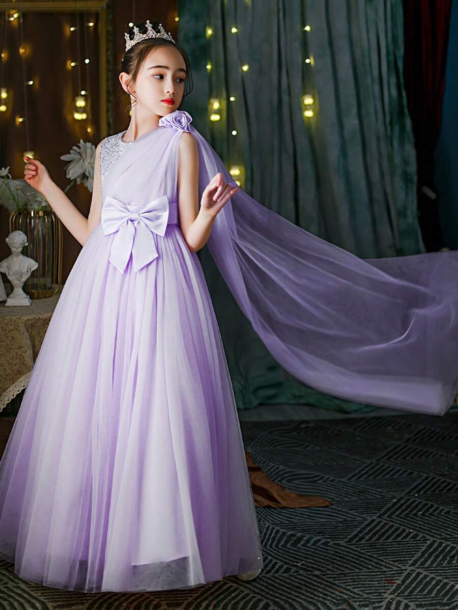 Tween Girl Bow Decor Tulle Princess Dress, Christmas Party Gift ...