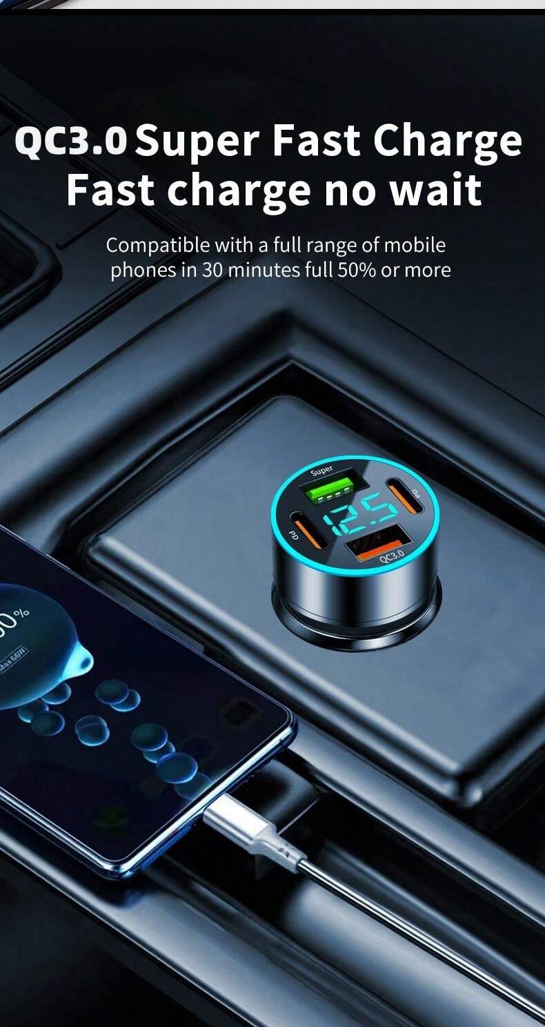 66W 4 Ports USB Type C Car Charger Fast PD Charging Quick Charge 3.0 ...
