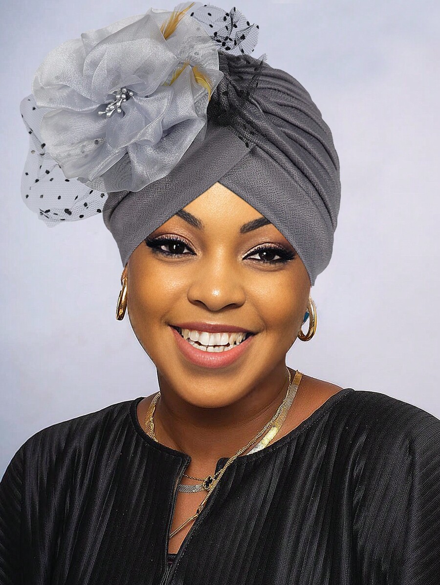 Women's Solid Color Turbans With Large Mesh Flower, Crossed Front ...
