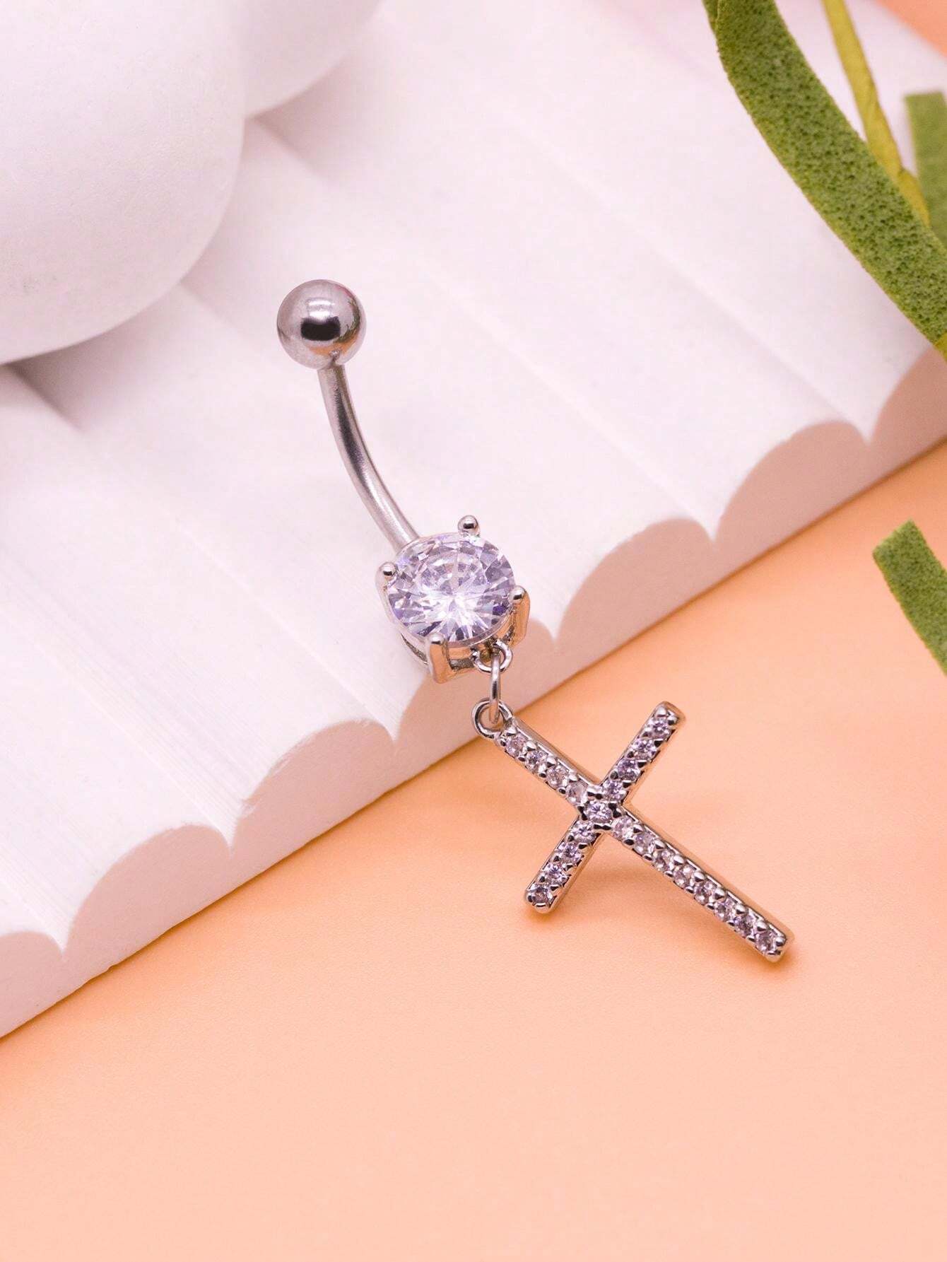 1PC 14G 316L Navel Ring, Cross Navel Ring, Surgical Steel Perforated ...