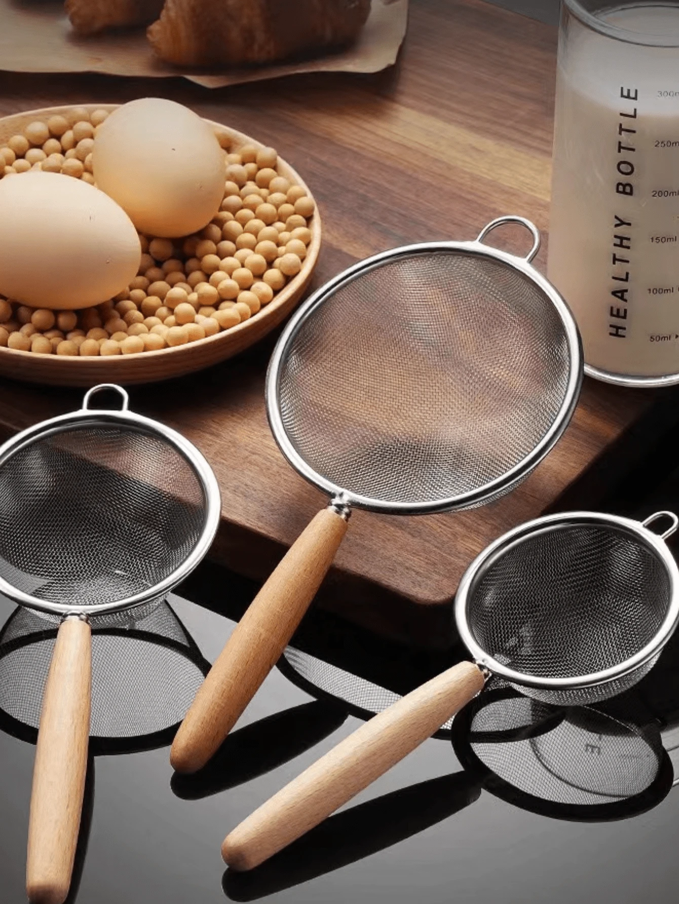 1/3pcs Stainless Steel Flour Sifter And Skimmer With Fine Mesh, Wood ...