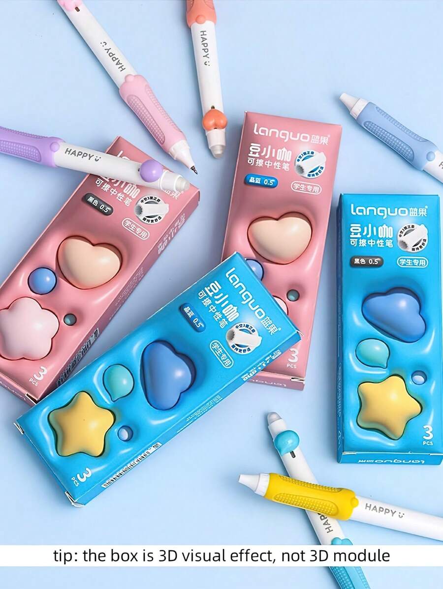 3pcs Happy Beans Gel Pens Set Ergonomical Triangle Grip Erasable Black ...