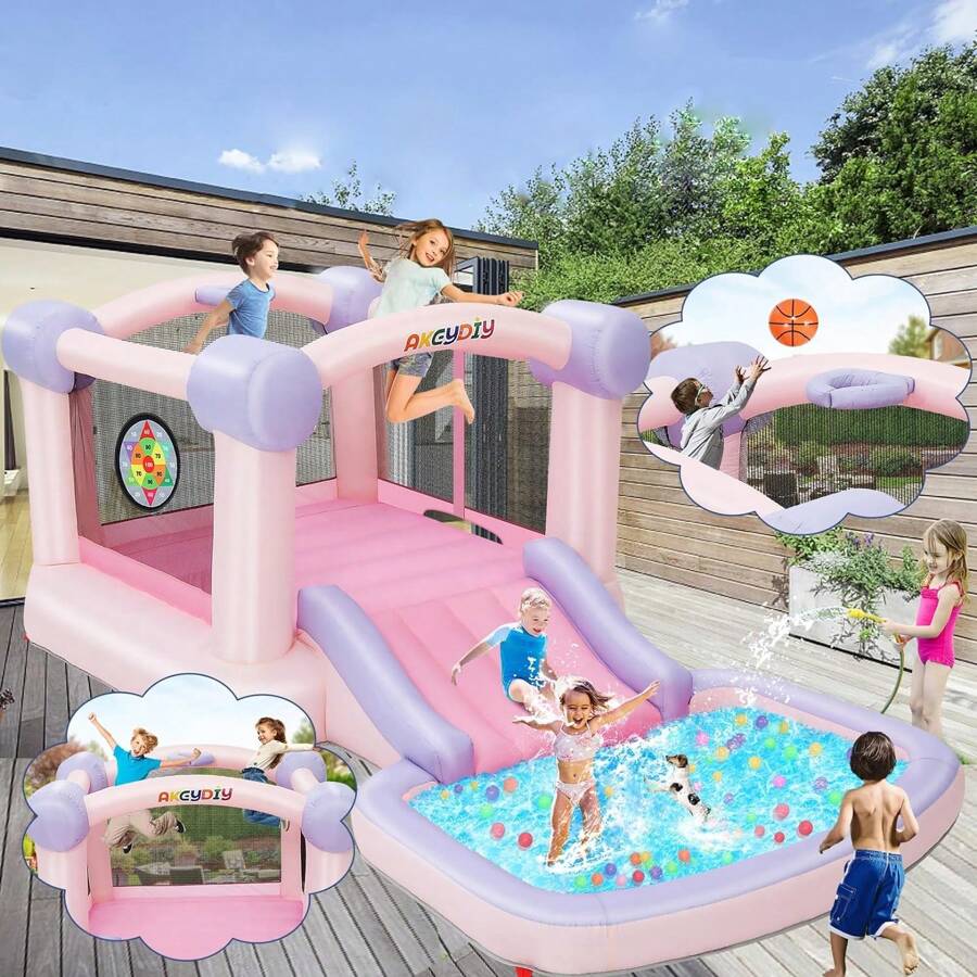 Bounce House, Pastel Inflatable Bounce House With Slide, Summer Fun Air ...