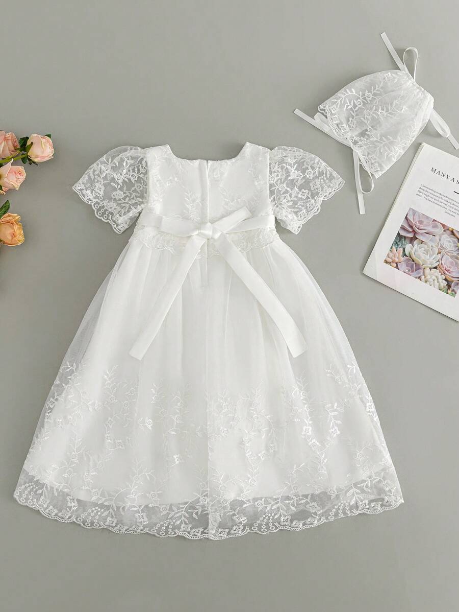 Baby Girl White Baptism Dress With Lace And Bonnet, 0-2 Years | SHEIN UK
